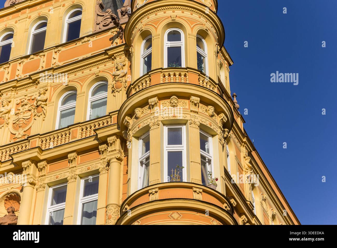 Round corner tower on a historic building in Ceske Budejovice, Czech ...