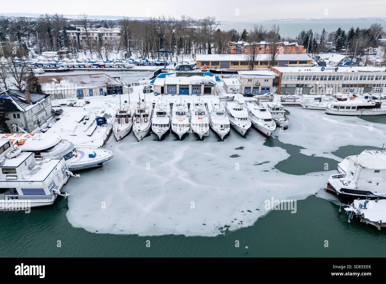 Ice builds up at a pier of Lake Balaton at Siofok, Hungary, Wednesday ...