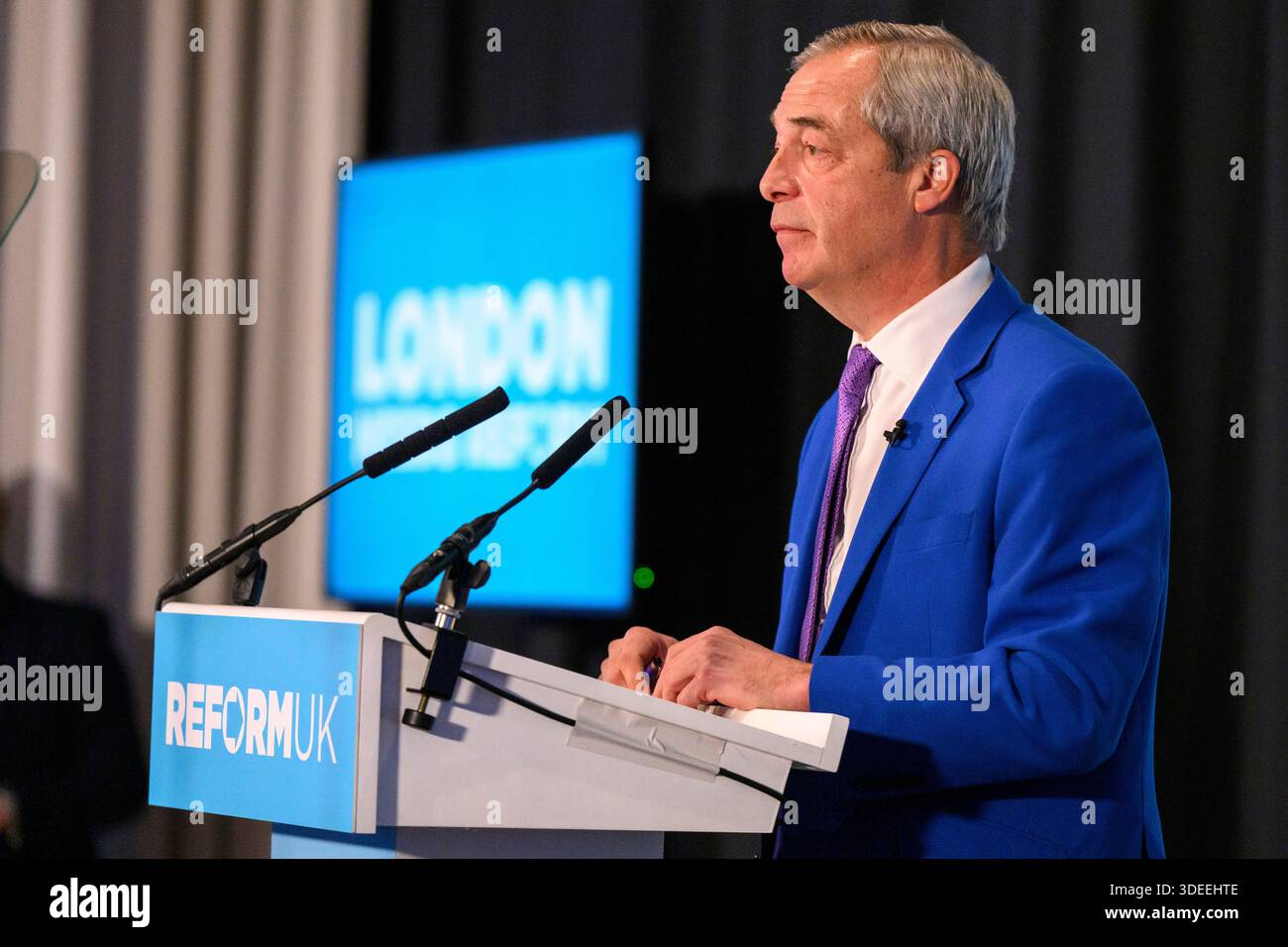 07/01/2026. London, UK Reform UK party leader Nigel Farage announces ...