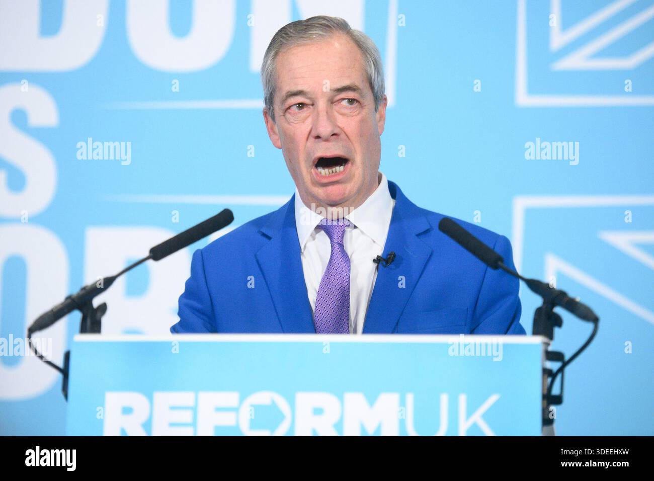 London, UK. 07 Jan 2026. Nigel Farage - Reform UK Leader speaks at a ...