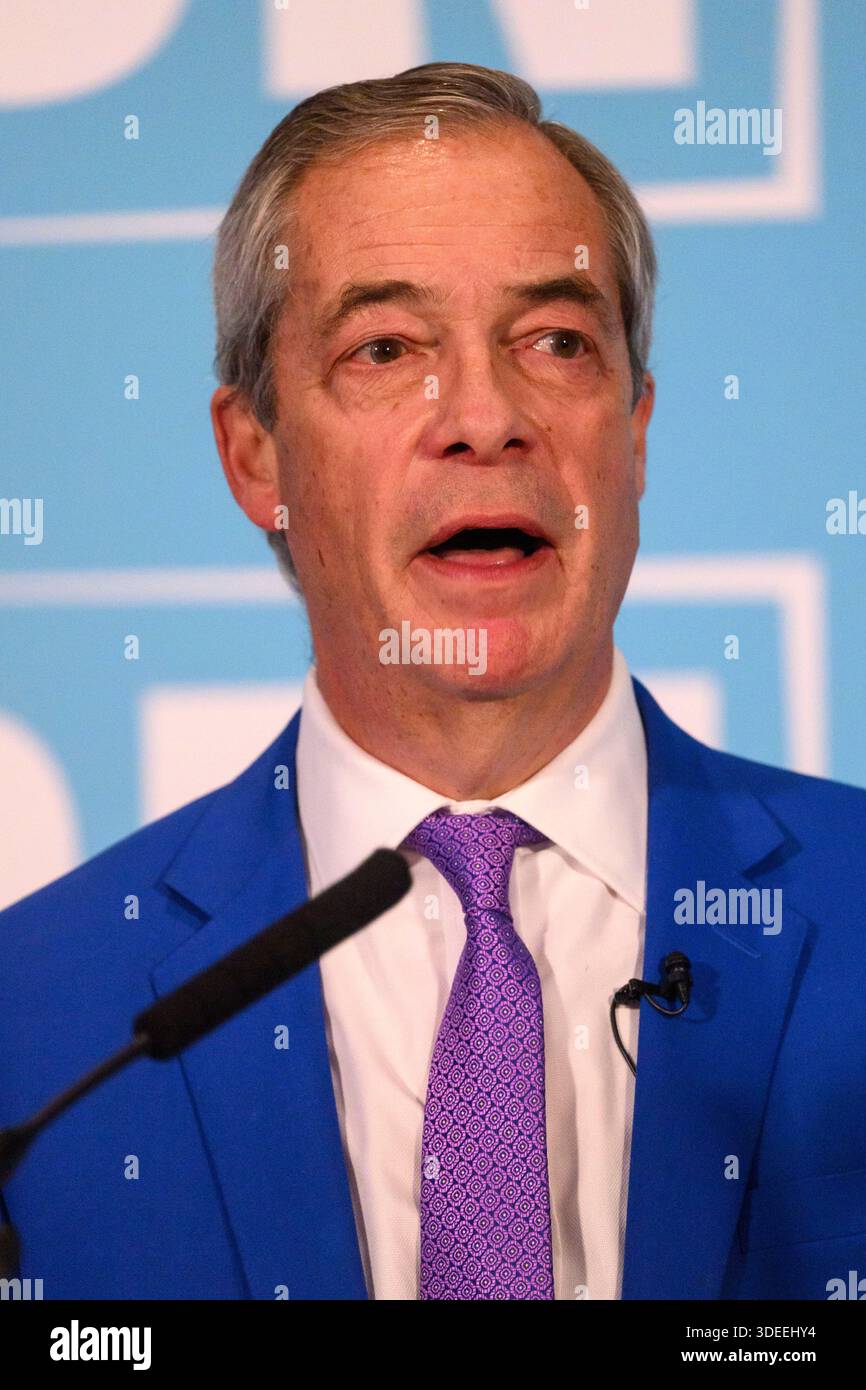 07/01/2026. London, UK Reform UK party leader Nigel Farage announces ...
