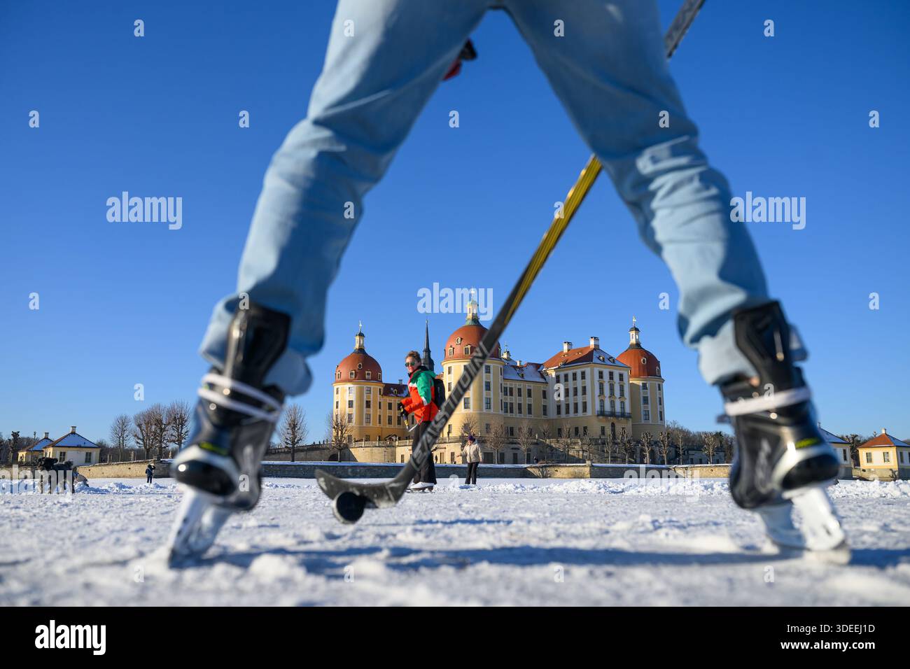 07 January 2026, Saxony, Moritzburg: Visitors play ice hockey on the ...