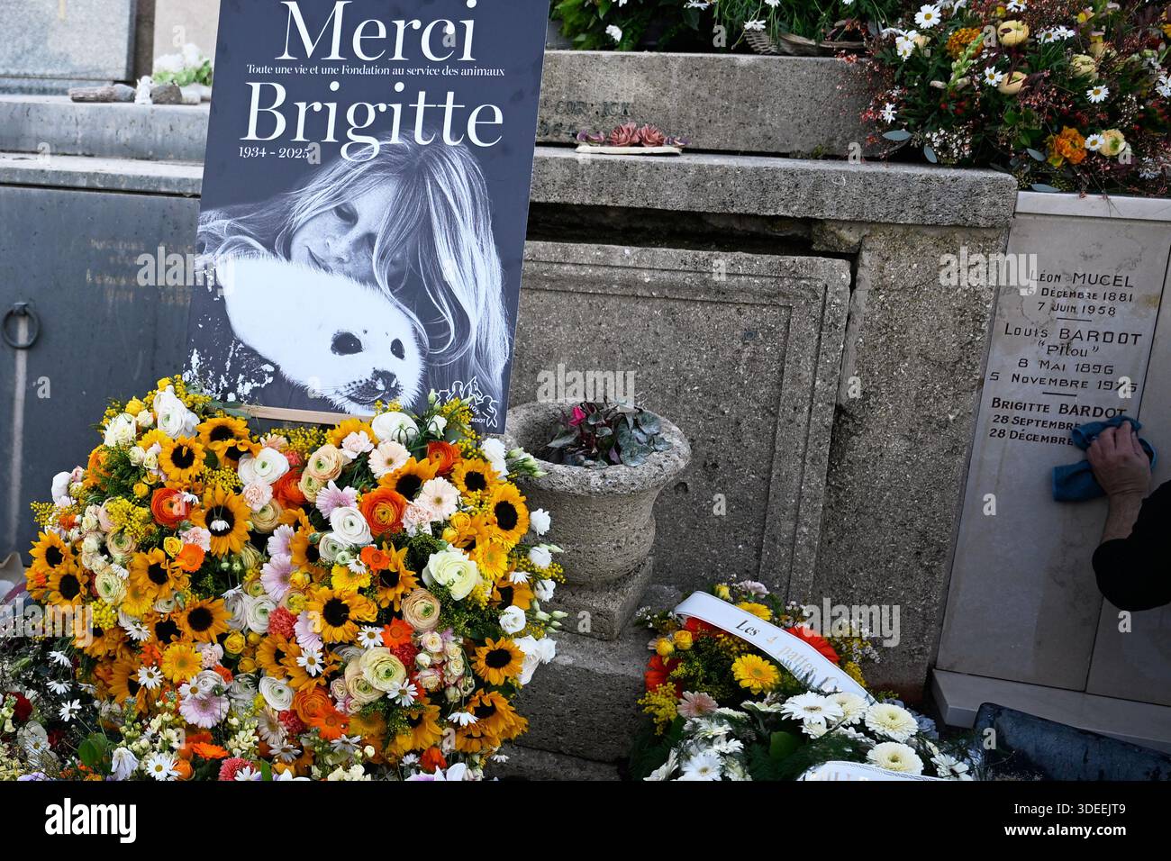 A person, right, cleans actor Brigitte Bardot's tomb, Wednesday, Jan. 7 ...