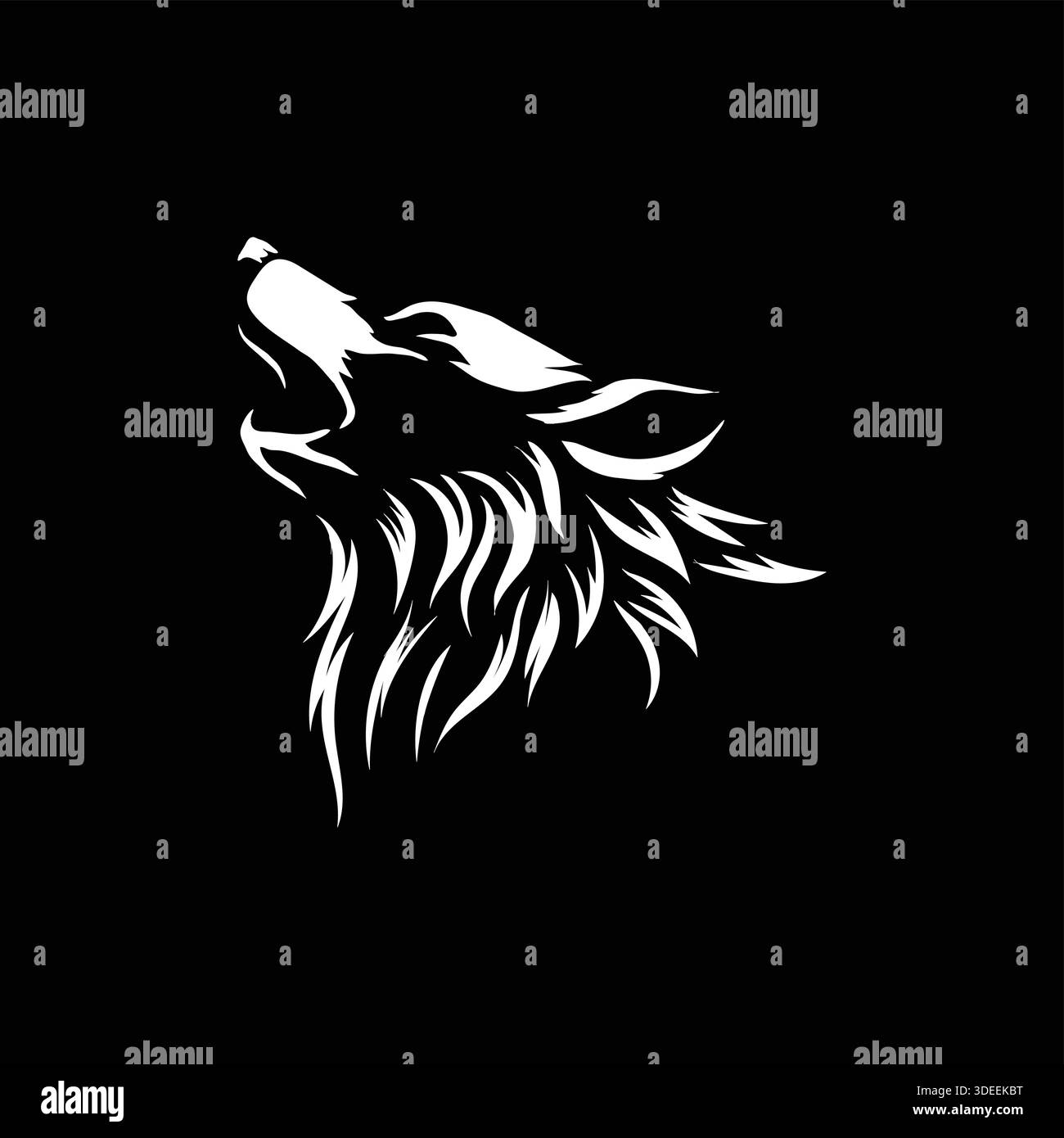 Minimalist white howling wolf head vector logo on black background ...