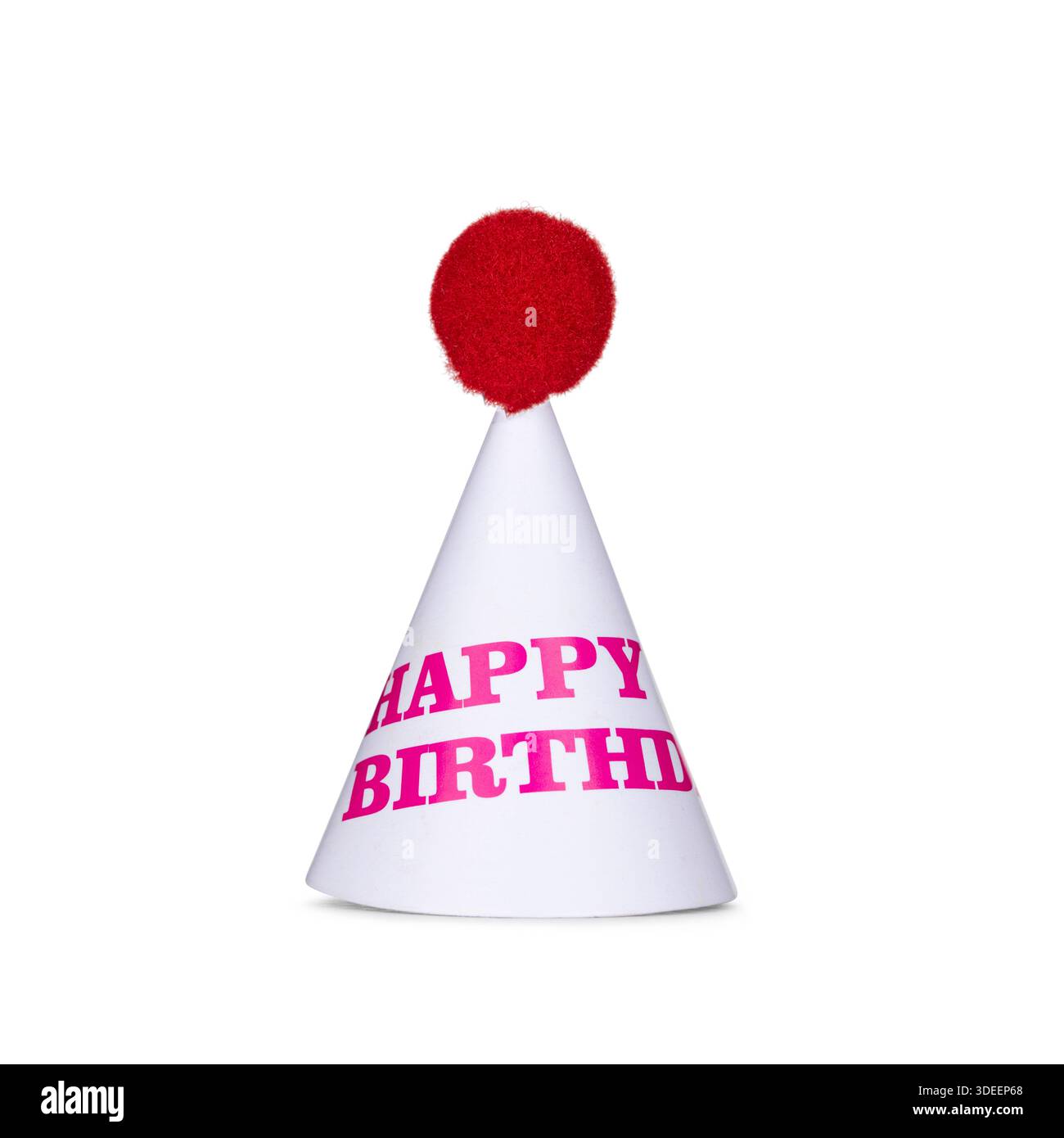 White party hat features a red pompom and happy birthday text against a ...