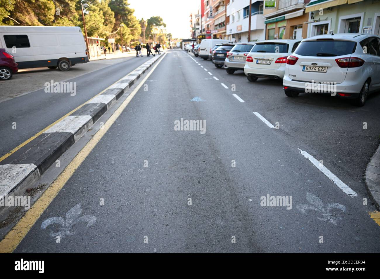 Das Lilien Symbol ist auf einer Straße in El Saler zu sehen. ESP, SV ...