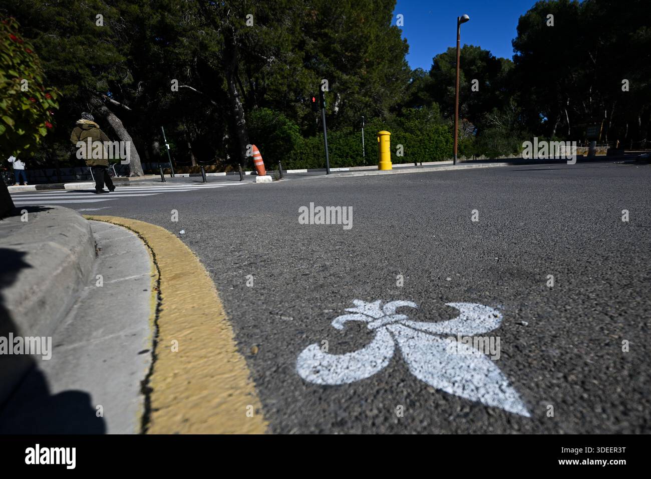 Das Lilien Symbol ist auf einer Straße in El Saler zu sehen. ESP, SV ...