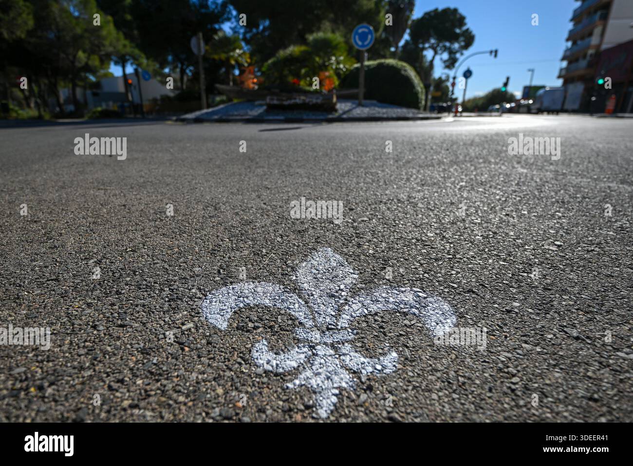 Das Lilien Symbol ist auf einer Straße in El Saler zu sehen. ESP, SV ...
