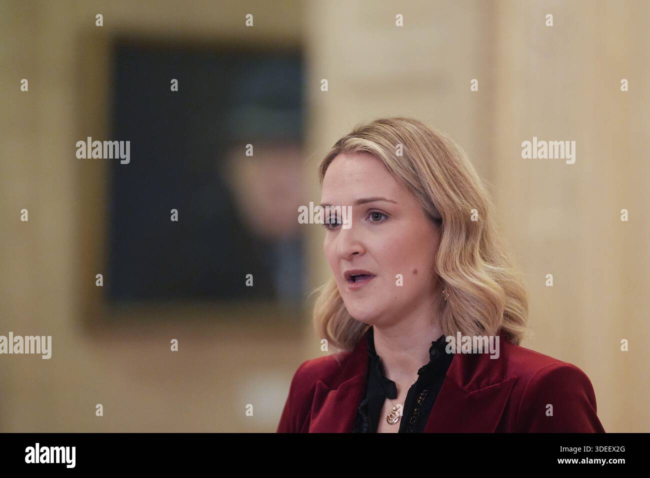Irish Foreign Affairs minister Helen McEntee speaking to the media at ...