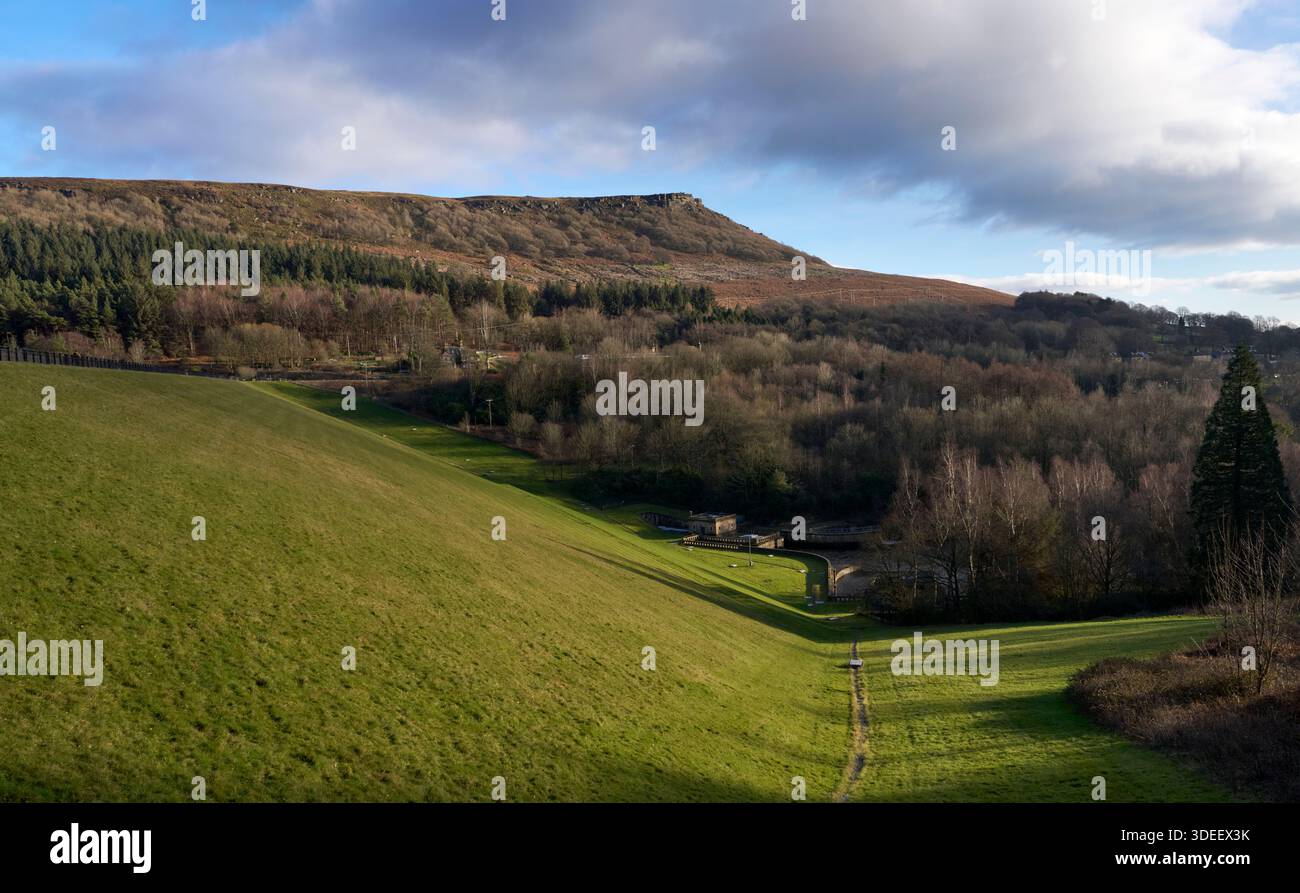 Grassy slope of the Ladybower Reservoir dam below the rocky escarpment ...