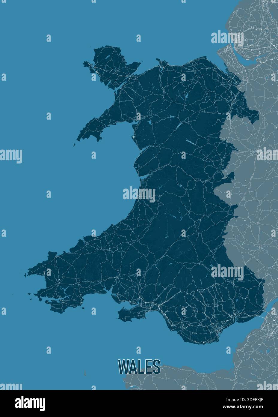 Map of Wales, featuring its geographical shape and road network. The ...