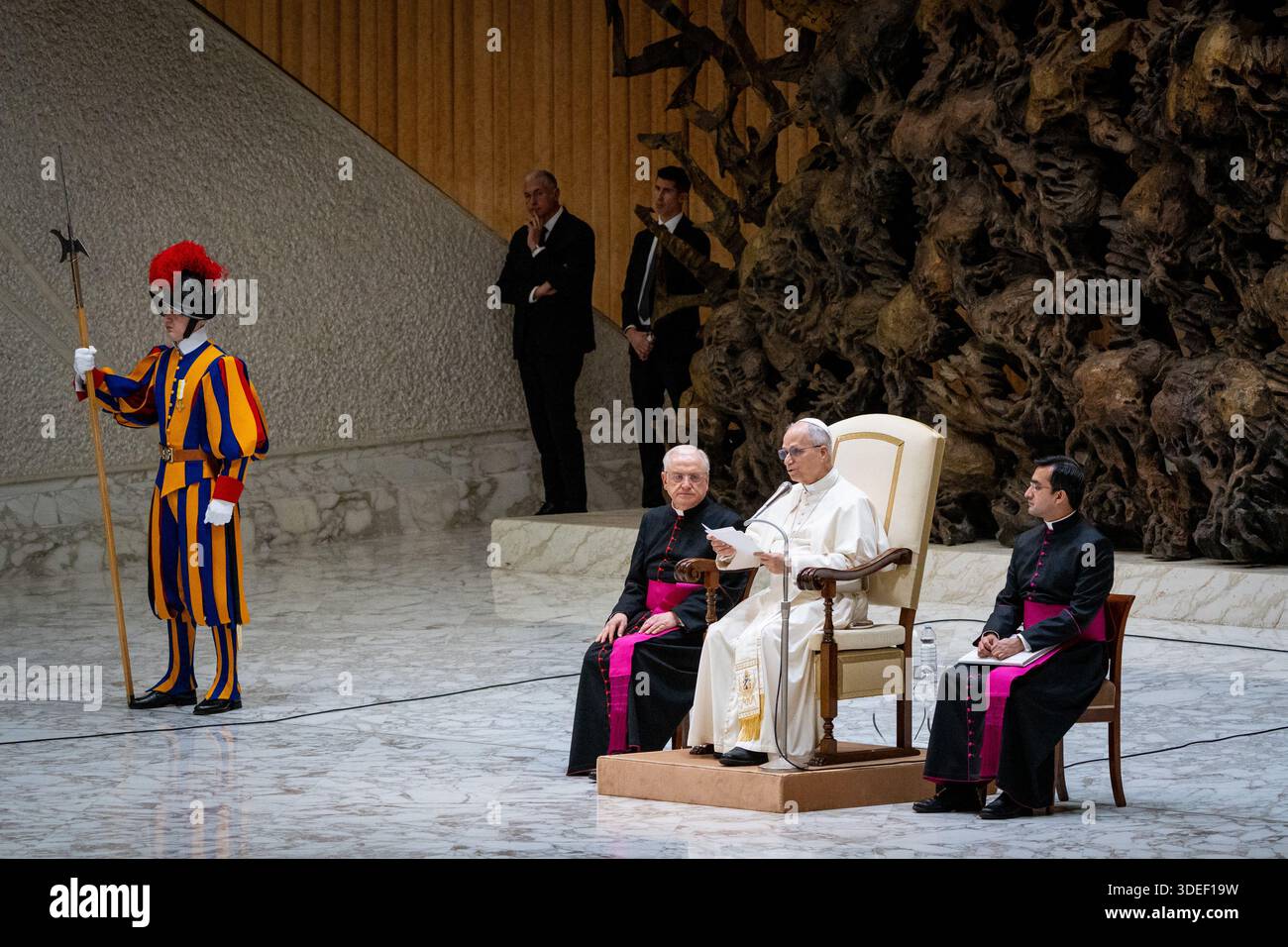 Pope Leo XIV delivers his speech during his Wednesday General Audience ...