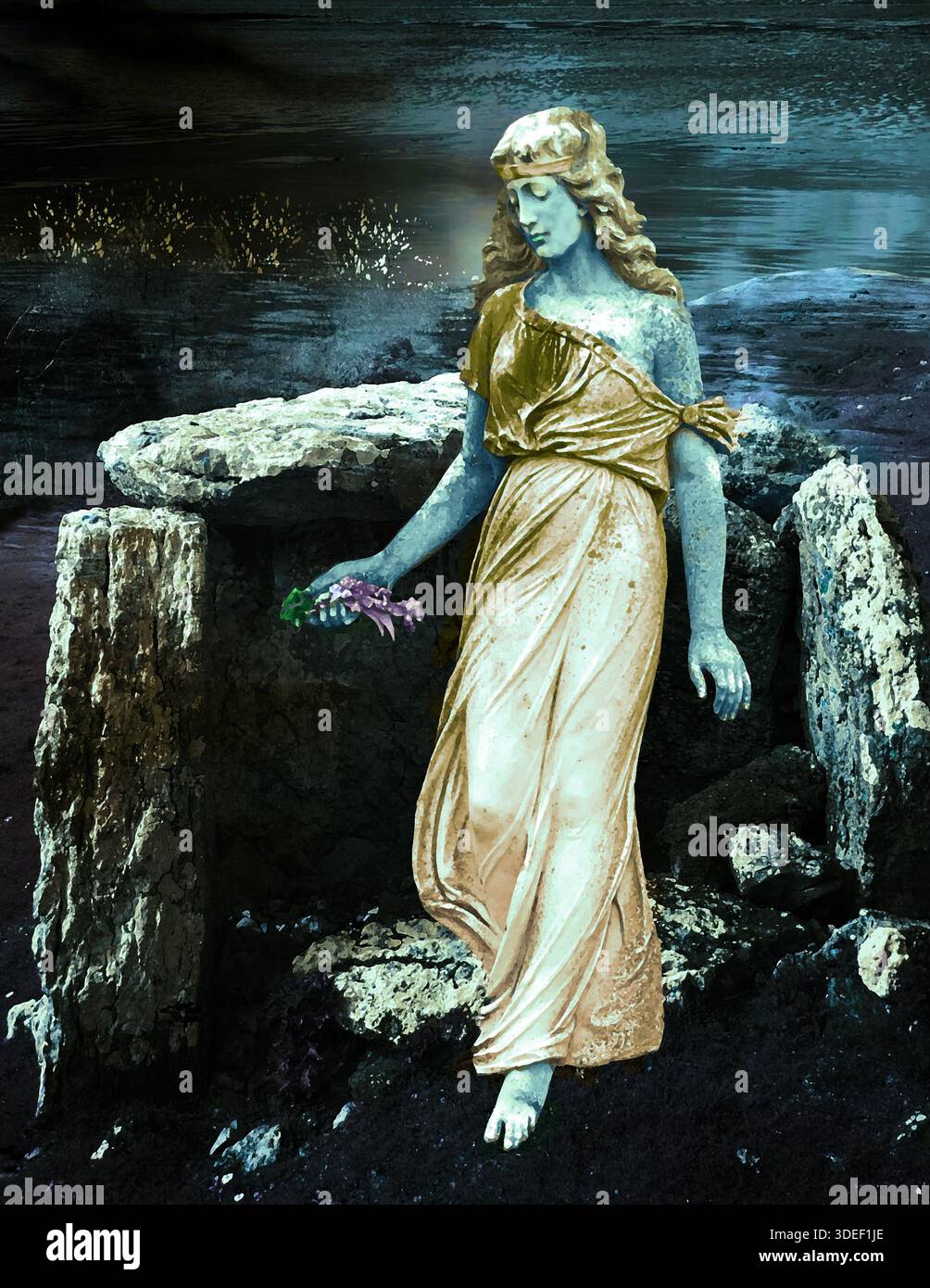 Art, Beira, the Queen of Winter, shown with dolmen tomb, holding dying ...