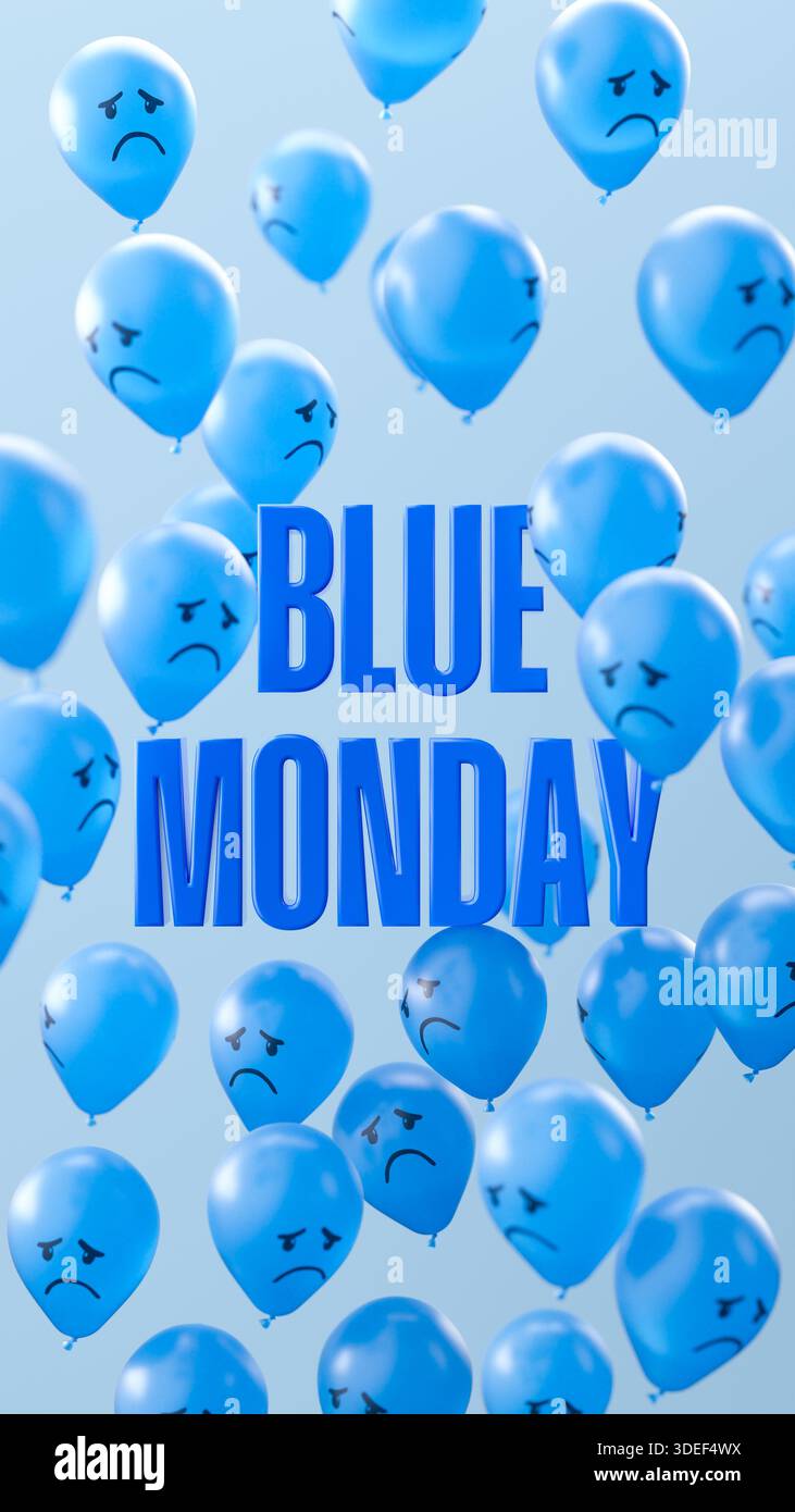 Blue balloons featuring sad facial expressions surrounds the bold BLUE ...