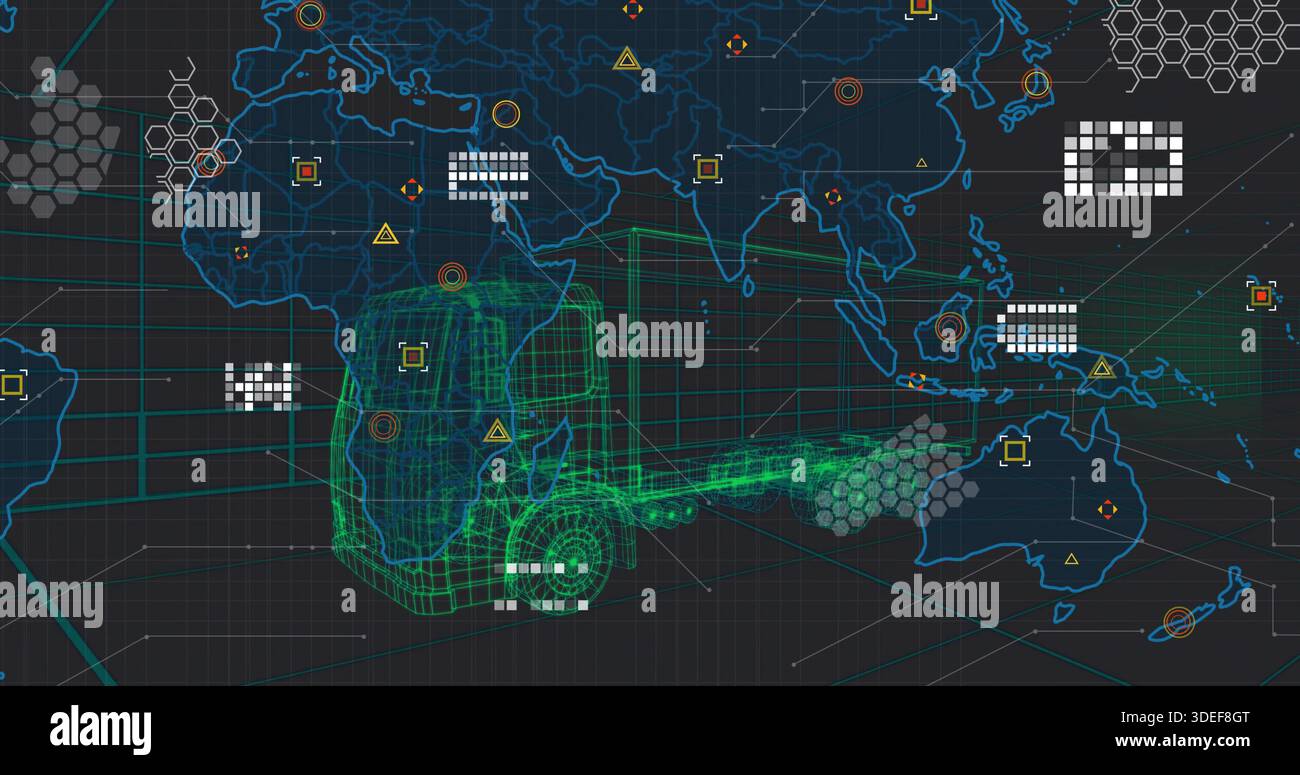 Displaying neon green wireframe truck and trailer on virtual HUD grid ...