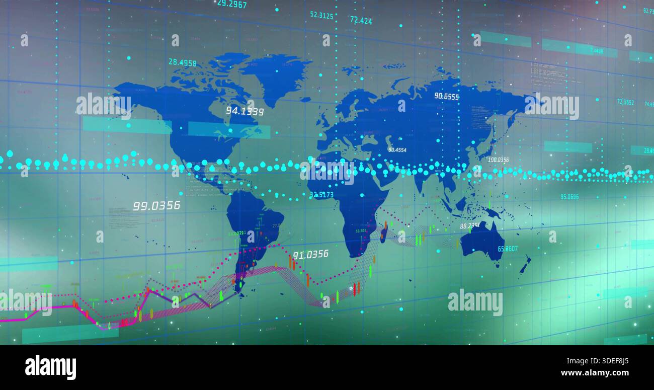 Displaying blue world map over teal grid on display, showing cyan line ...