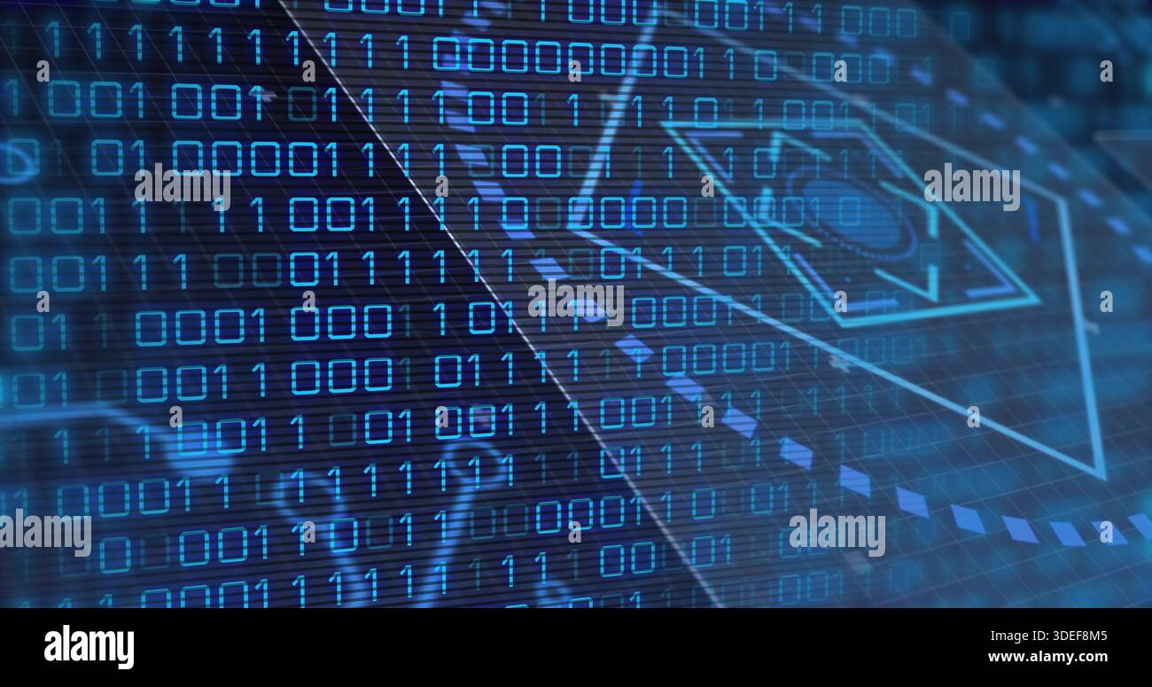 Displaying layered digital data visualization on screen, showing binary ...