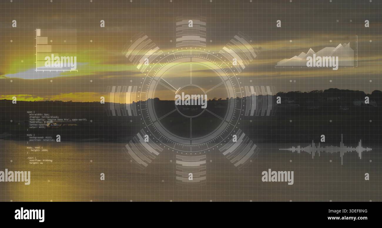 Displaying central HUD reticle covering lake sunset, showing grid ...