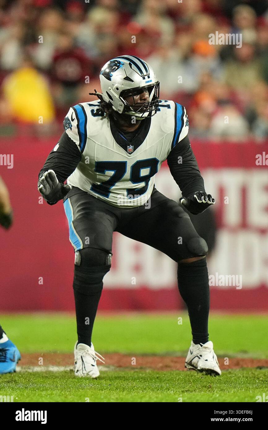 Carolina Panthers offensive tackle Ikem Ekwonu (79) protects the pocket ...
