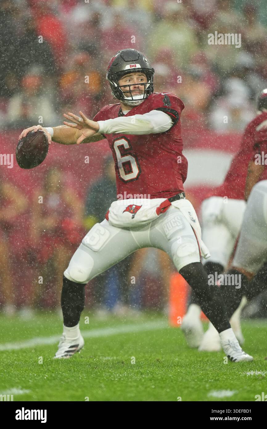 Tampa Bay Buccaneers quarterback Baker Mayfield (6) makes a pass attept ...