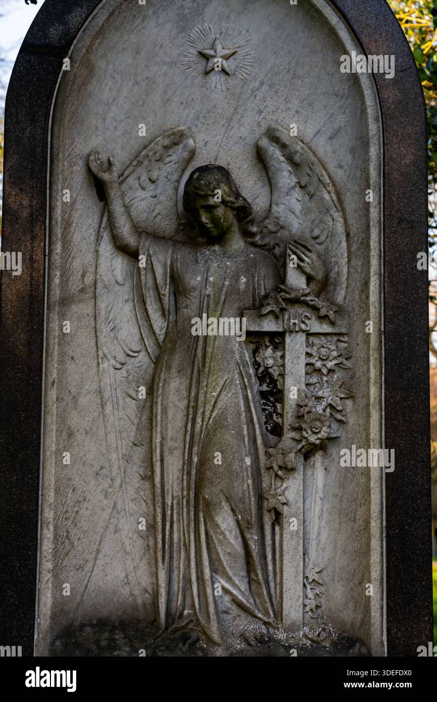 Carved angel figure on a Victorian gravestone at Flaybrick Cemetery ...