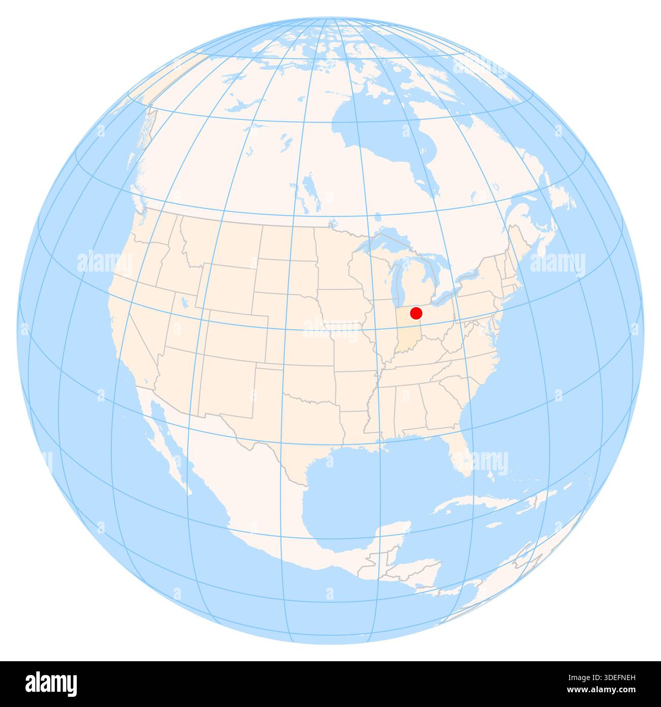 Map of the earth globe showing the location of the city Fort Wayne in ...