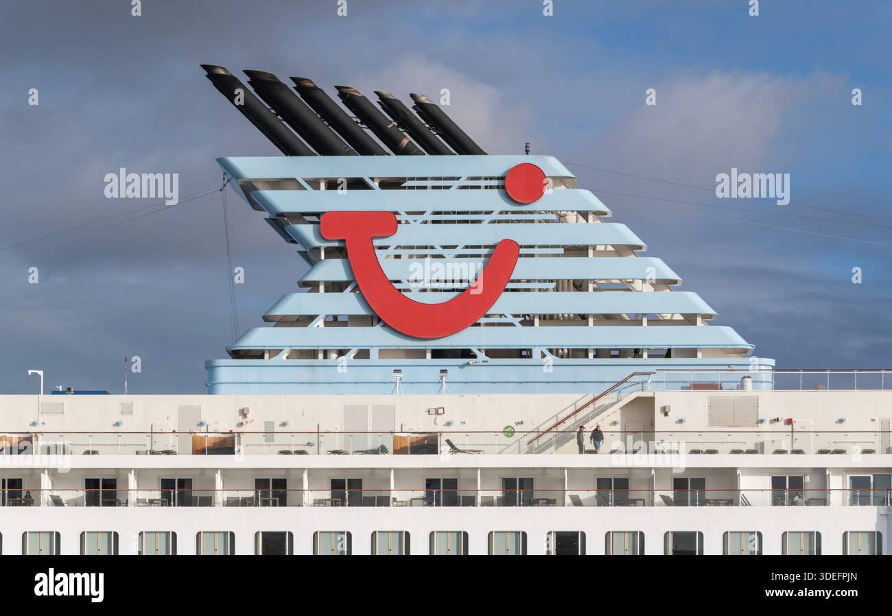 Tui Cruise Ship Marella Explorer 2 close up of TUI logo - docked at ...