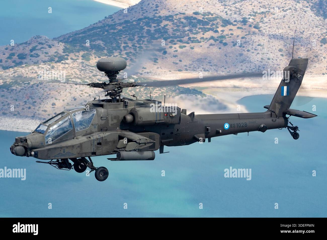 The image shows a Hellenic Army AH-64DHA Apache Longbow helicopter with ...