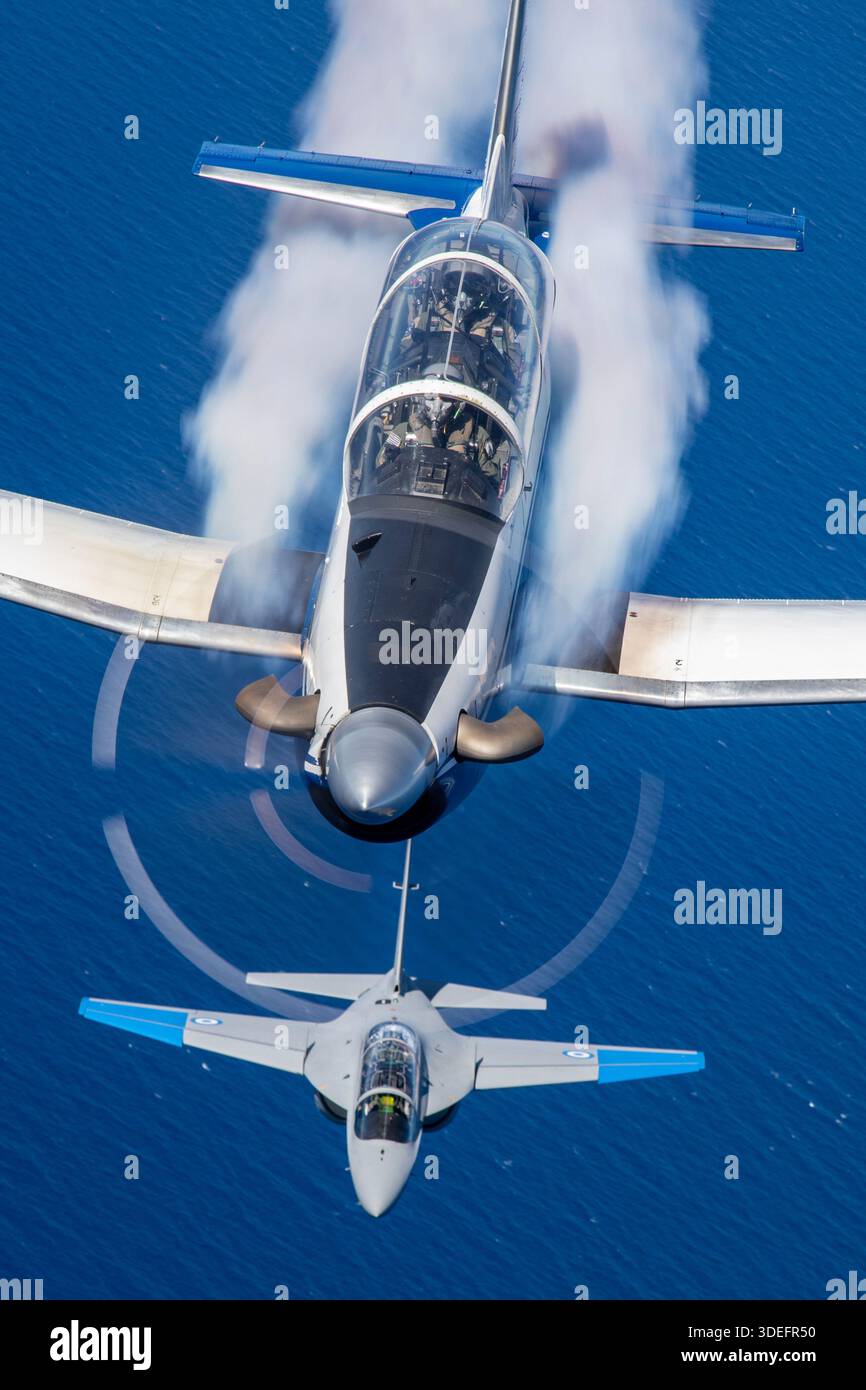 A Greek Air Force formation consisting of a Raytheon T-6A Texan II and ...