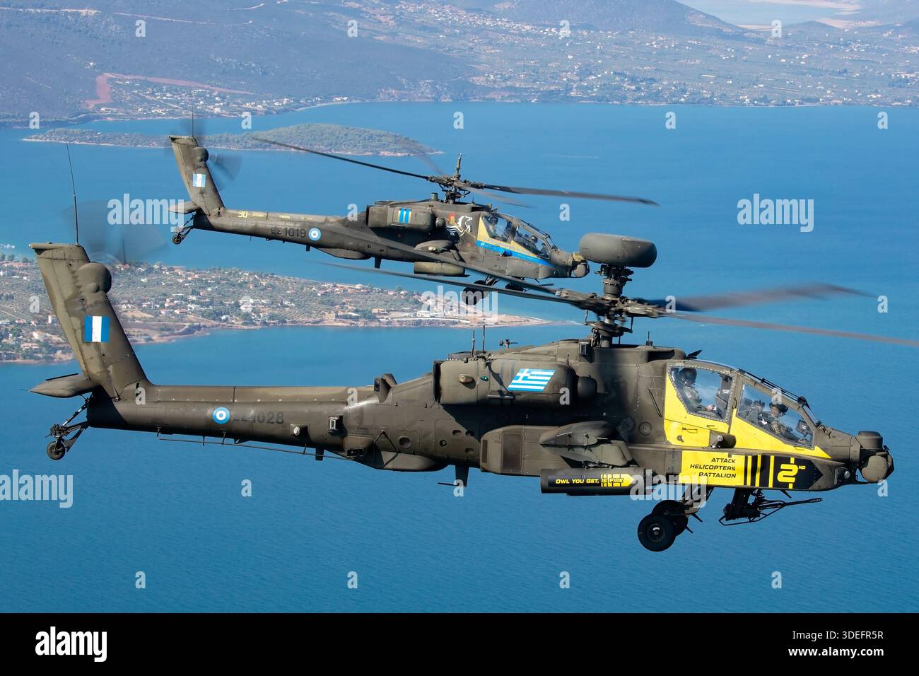 Formation of Hellenic Army Boeing AH-64DHA Apache Longbow helicopters ...