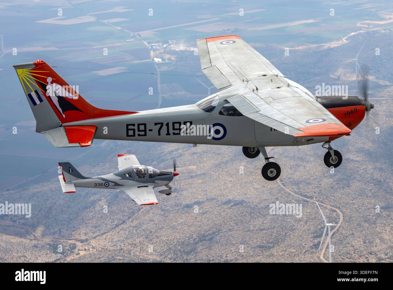 The image shows a formation flight of two Hellenic Air Force basic ...