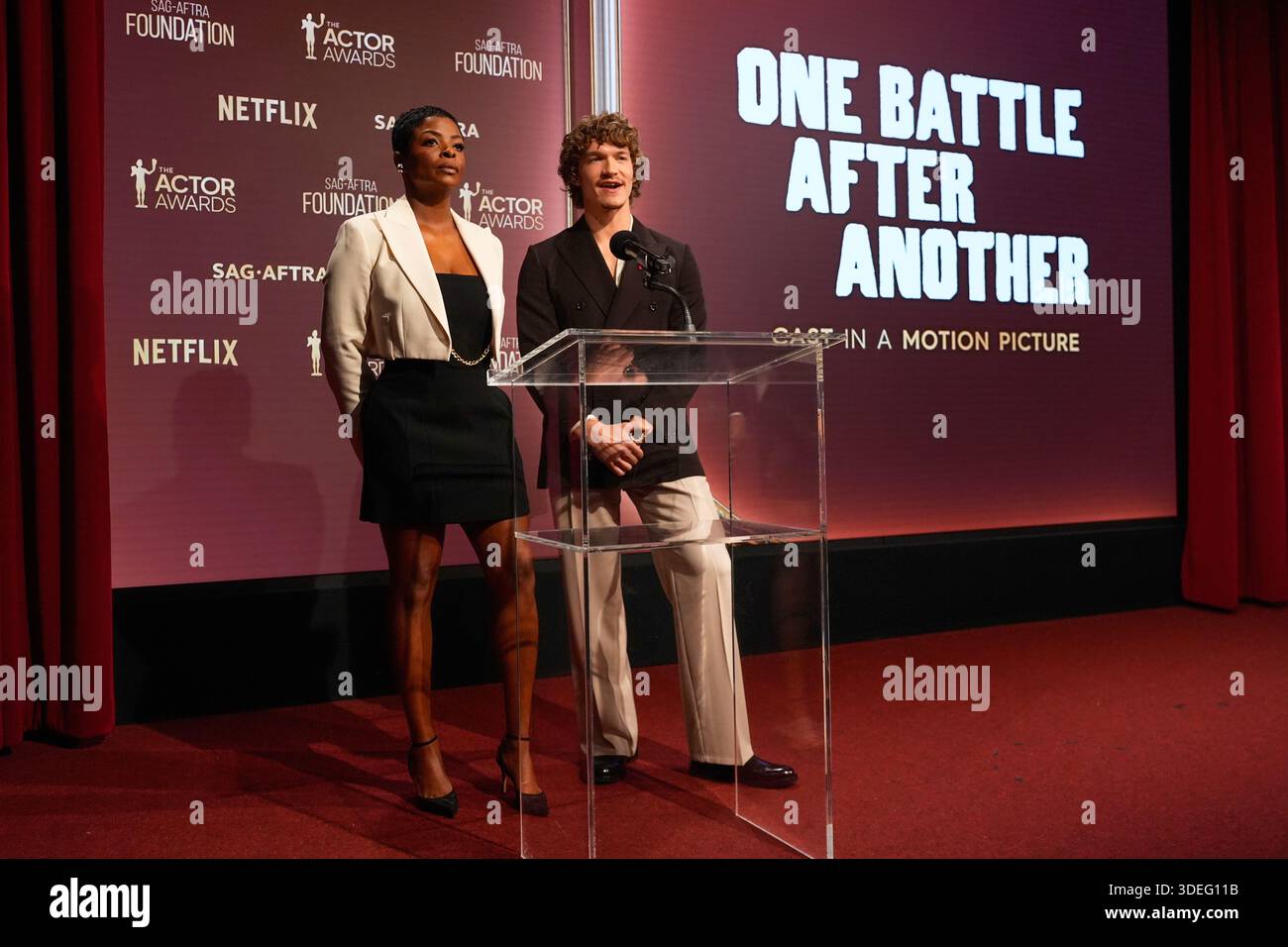 Janelle James, left, and Connor Storrie present the nominees for the ...
