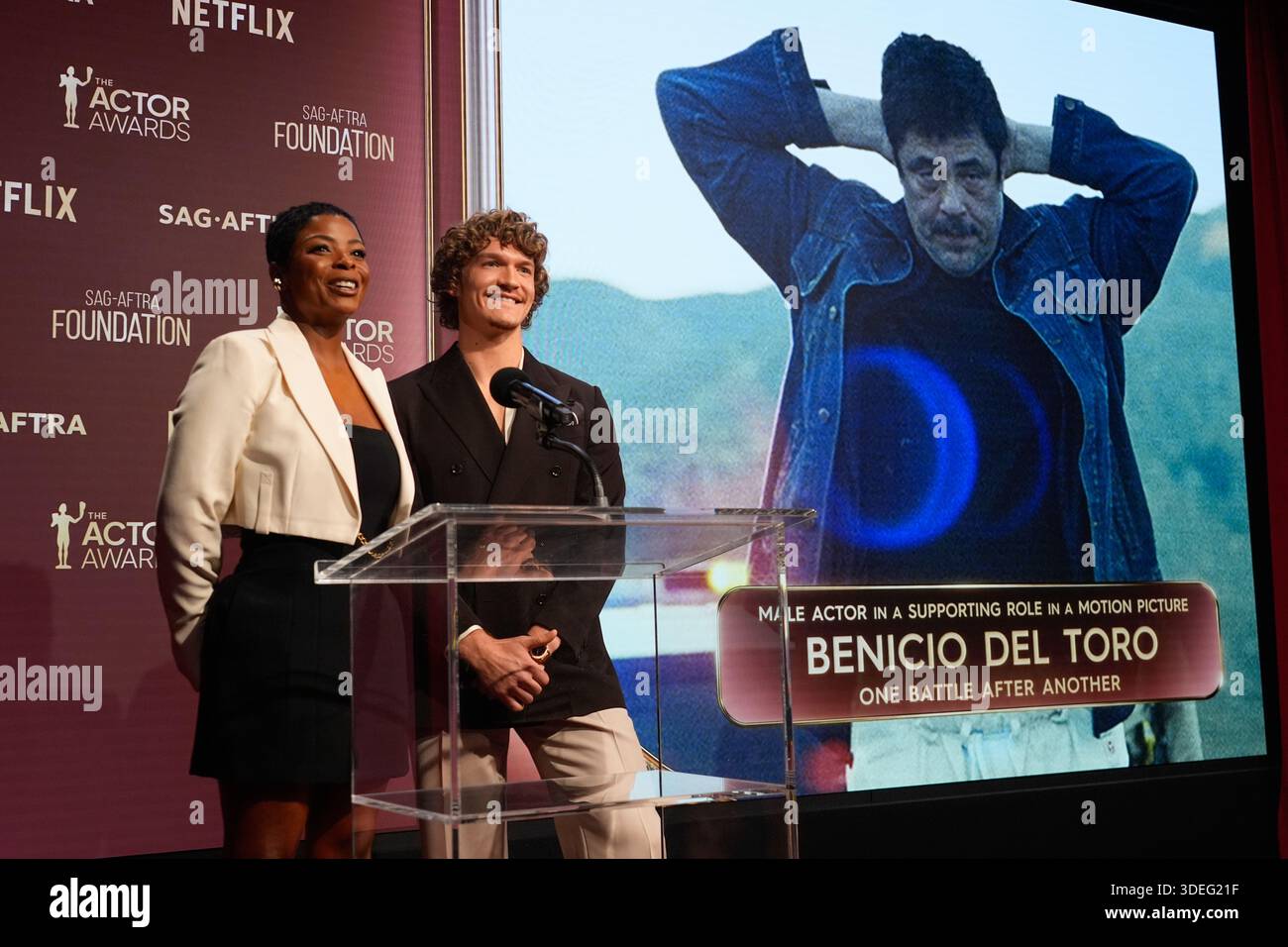 Janelle James, left, and Connor Storrie present the nominees for the ...