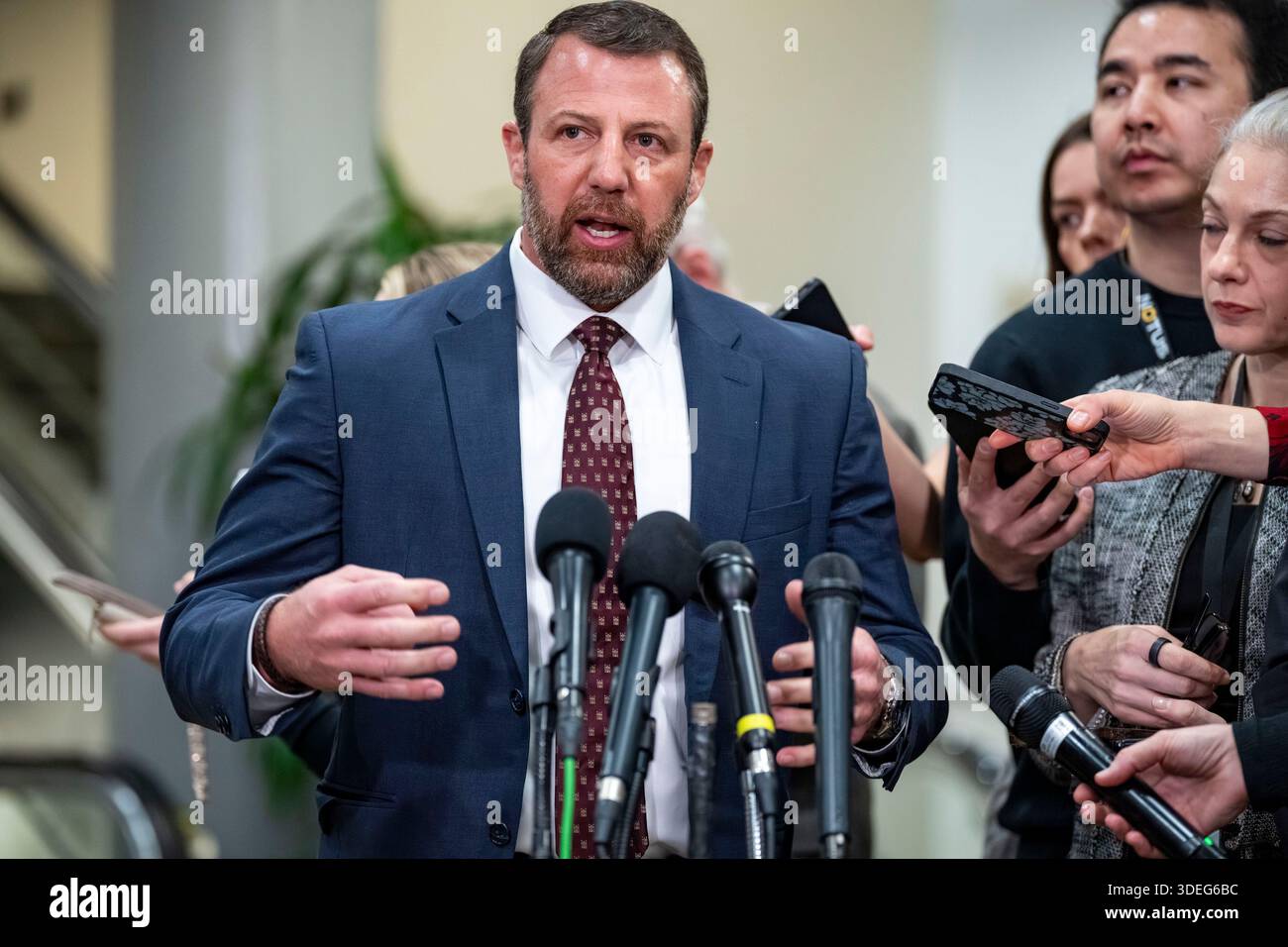 Sen. Markwayne Mullen, R-OK, speak to the press after a briefing on ...