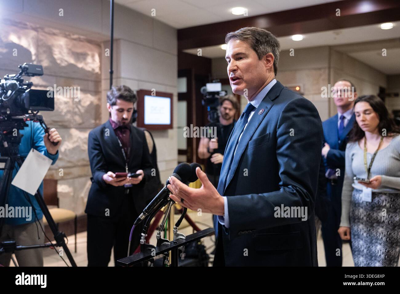 Rep. Seth Moulton (D-Mass.) speaks with reporters after a briefing from ...