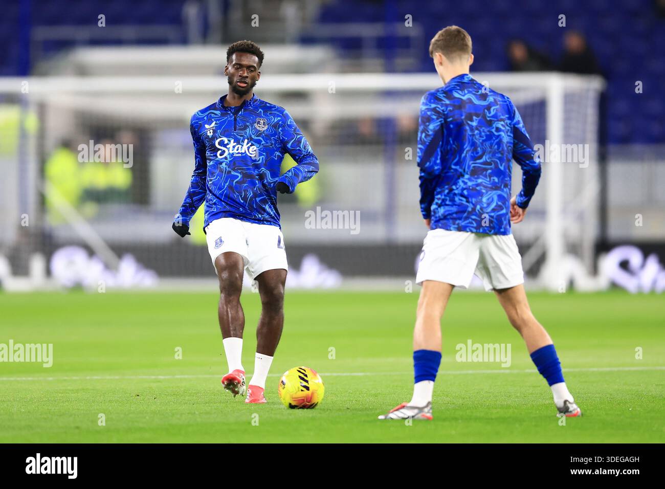 Liverpool, England, 7th January 2026. Tim Iroegbunam of Everton warms ...