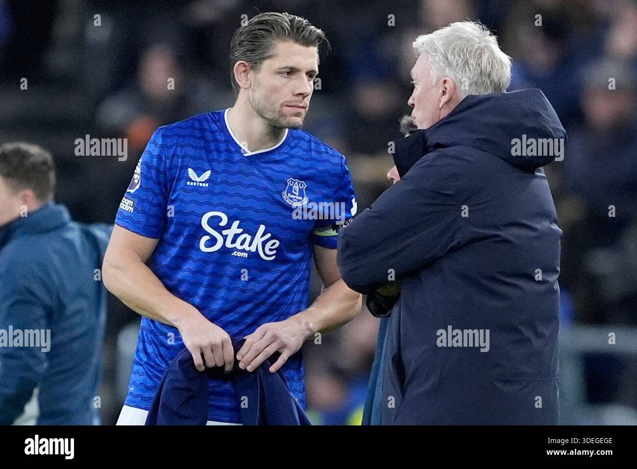 Everton manager David Moyes (right) and Everton's James Tarkowski (left ...
