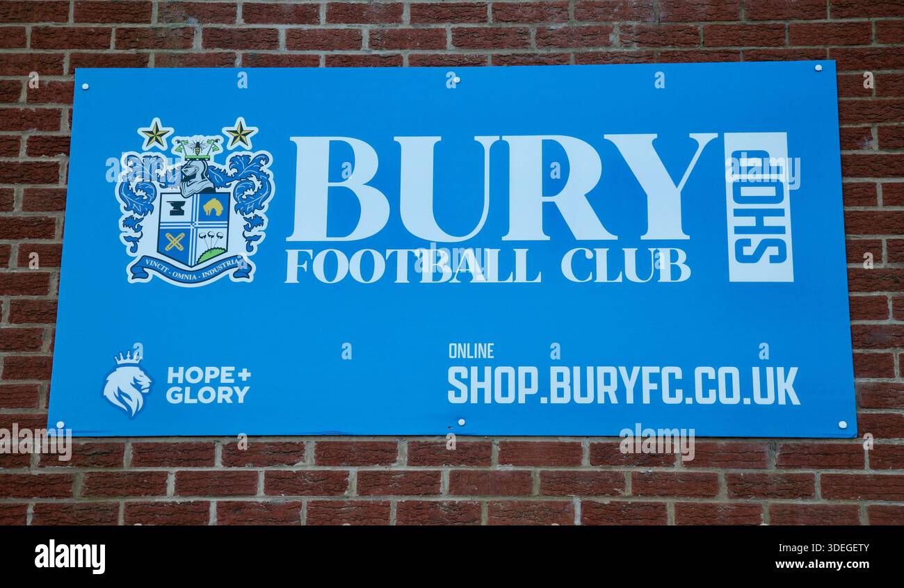 A view of the sign, outside the Bury Football Club shop, Gigg Lane ...