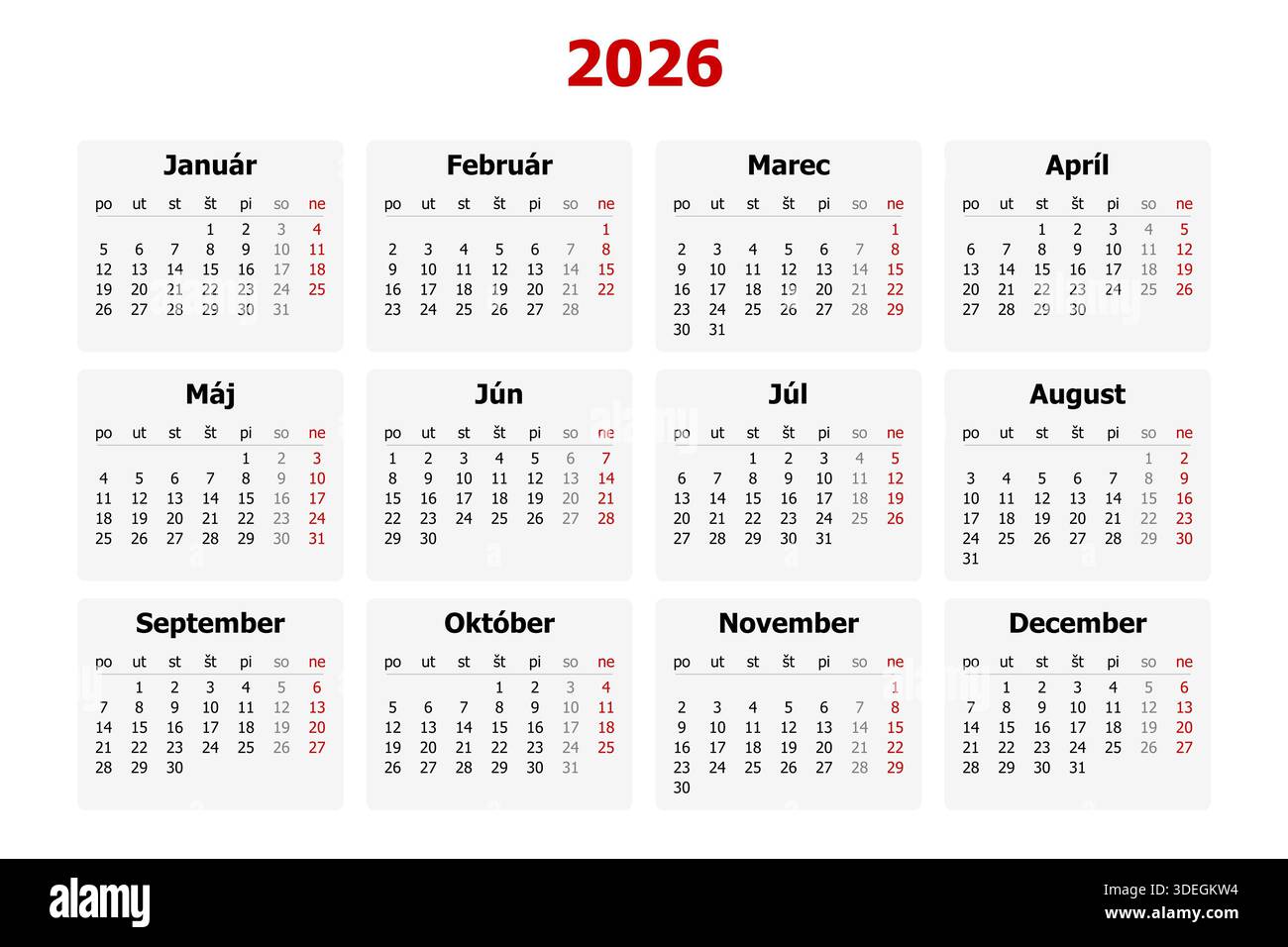 Vector illustration of modern Slovak calendar for year 2026 in Slovakia ...
