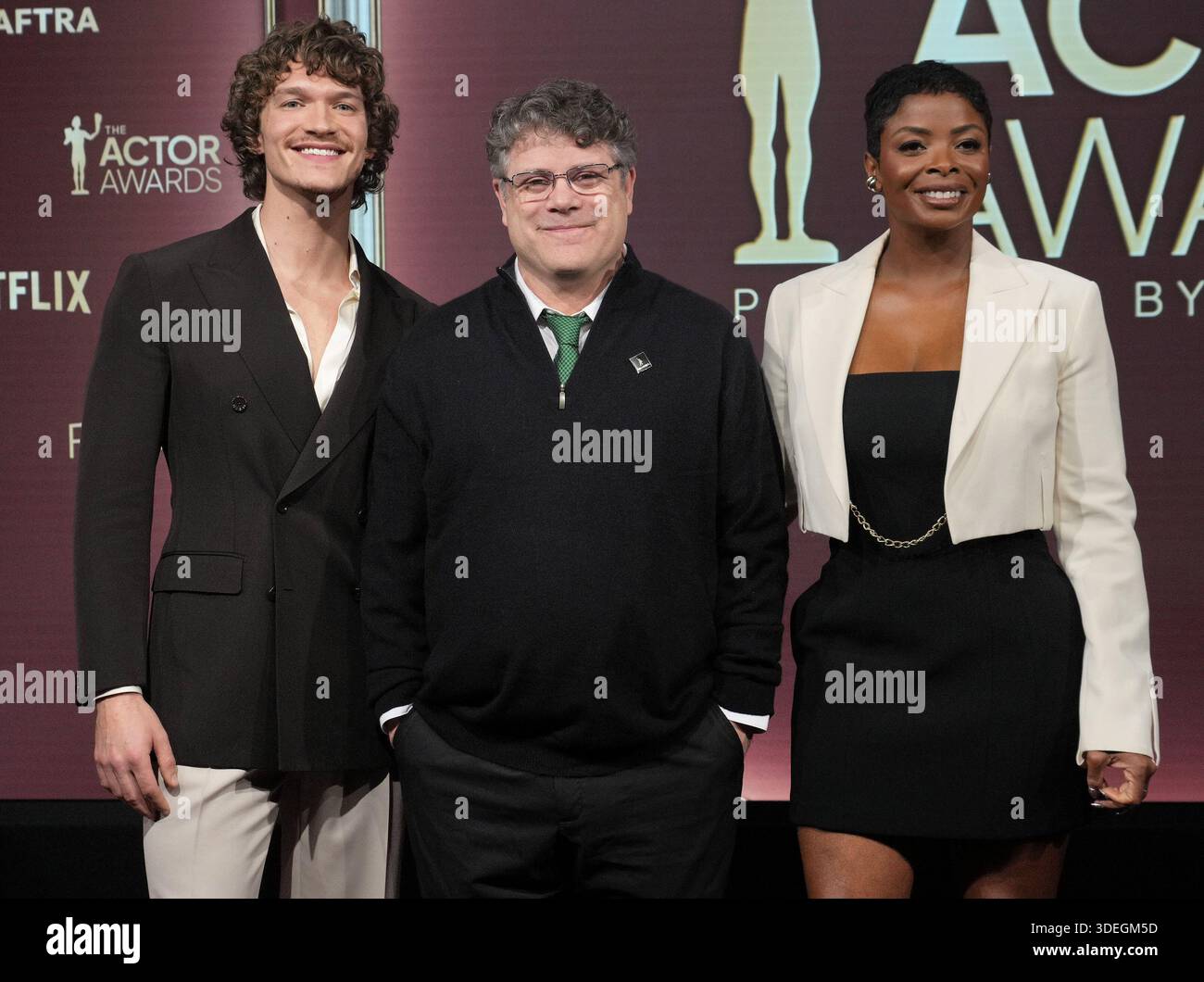 (L-R) Connor Storrie, President of SAG-AFTRA Sean Astin and Janelle ...