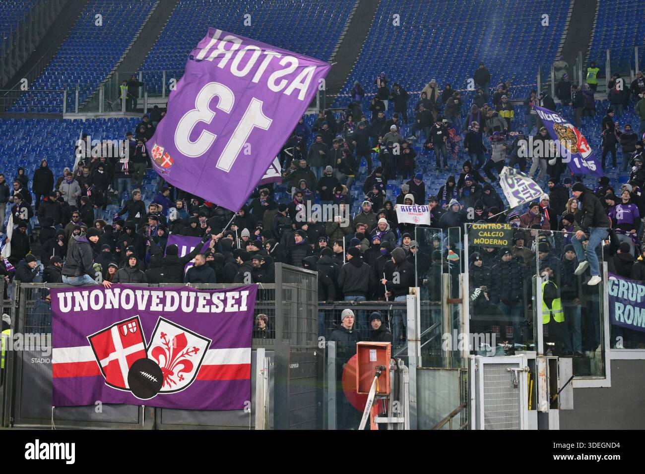 Olimpico Stadium, Rome, Italy - Fiorentina's fans wave a flag before ...