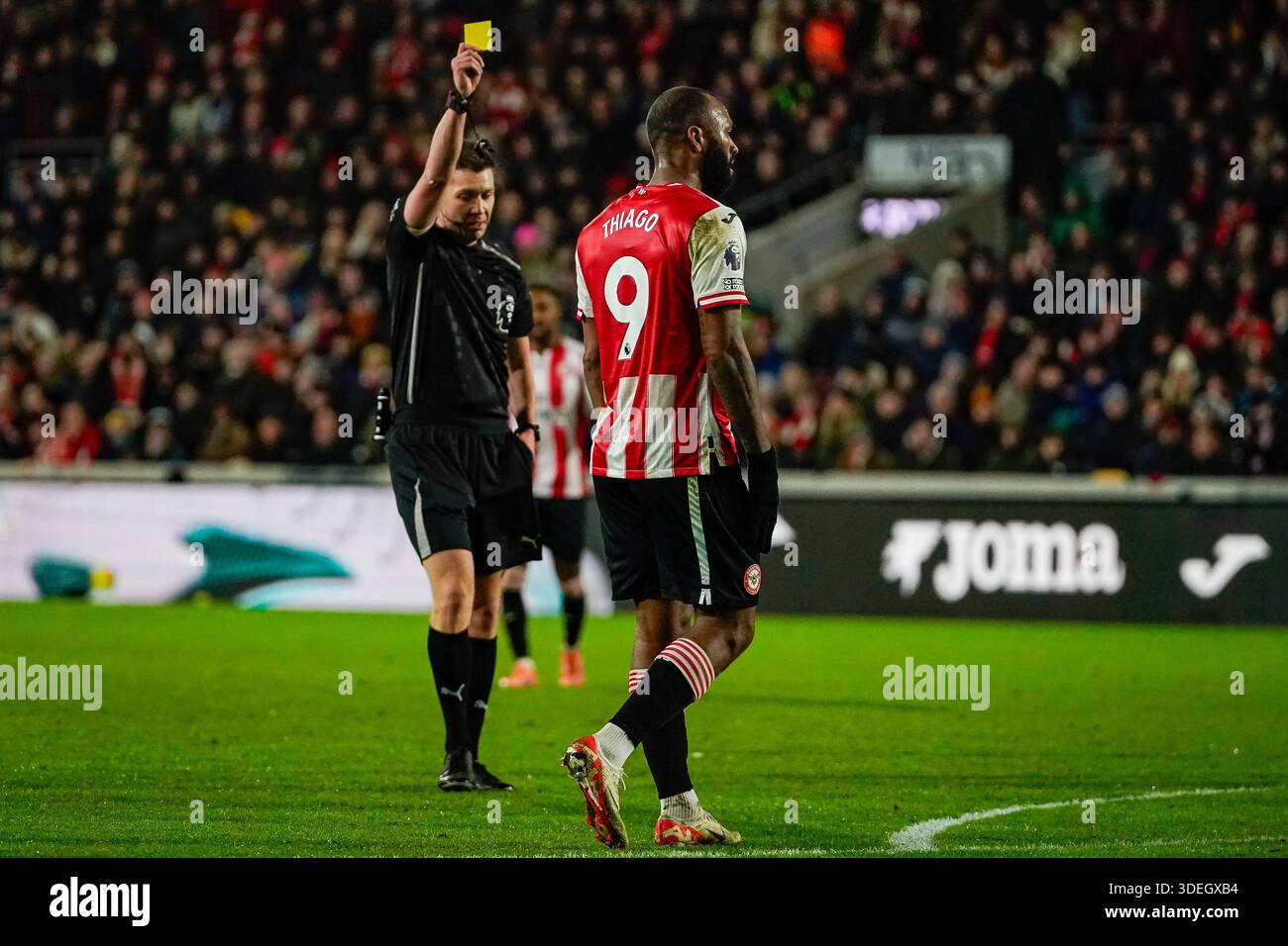London, UK. 07th Jan, 2026. Referee Matthew Donohue gives a yellow card ...