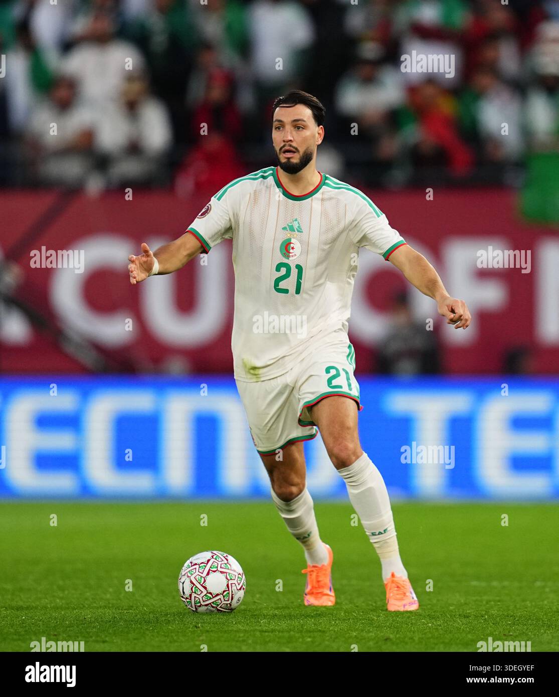 January 06 2026: Amir Selmane Rami Bensbaini of Algeria controls the ...