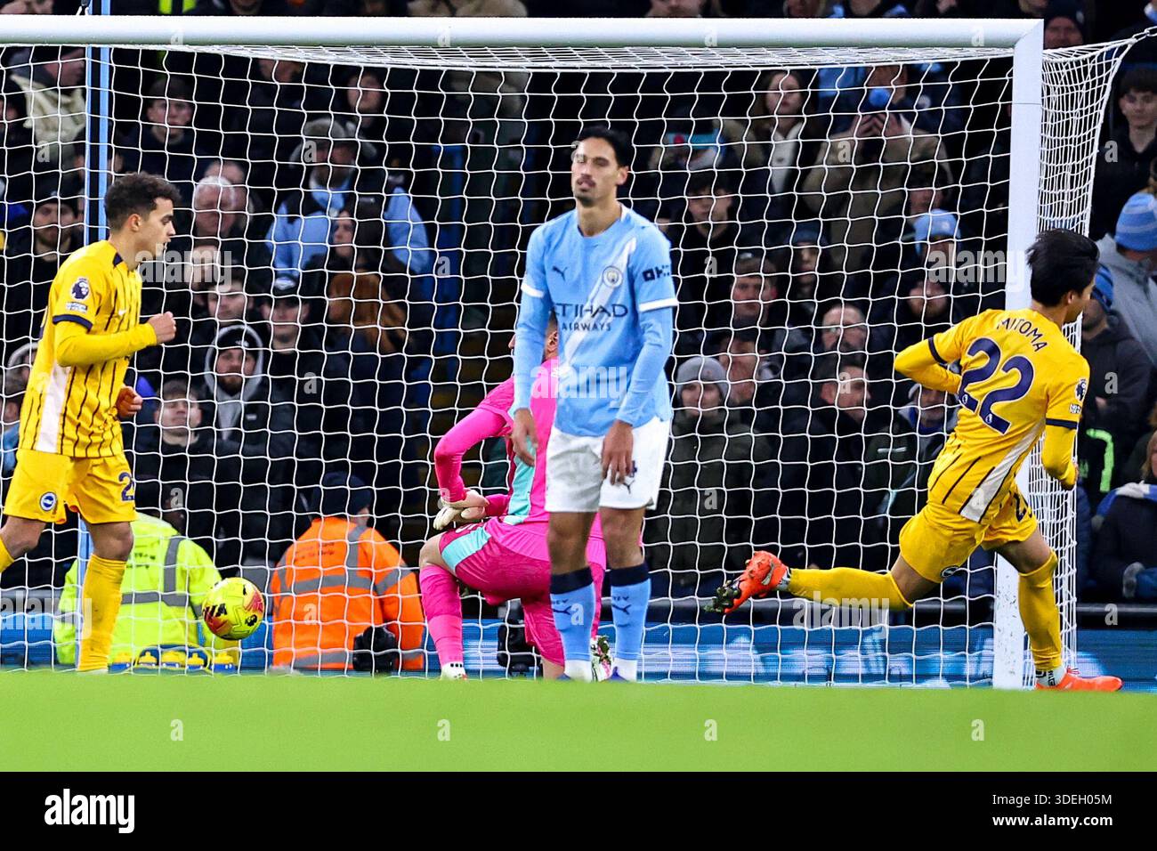 Kaoru Mitoma of Brighton and Hove Albion celebrates his goal making kit ...