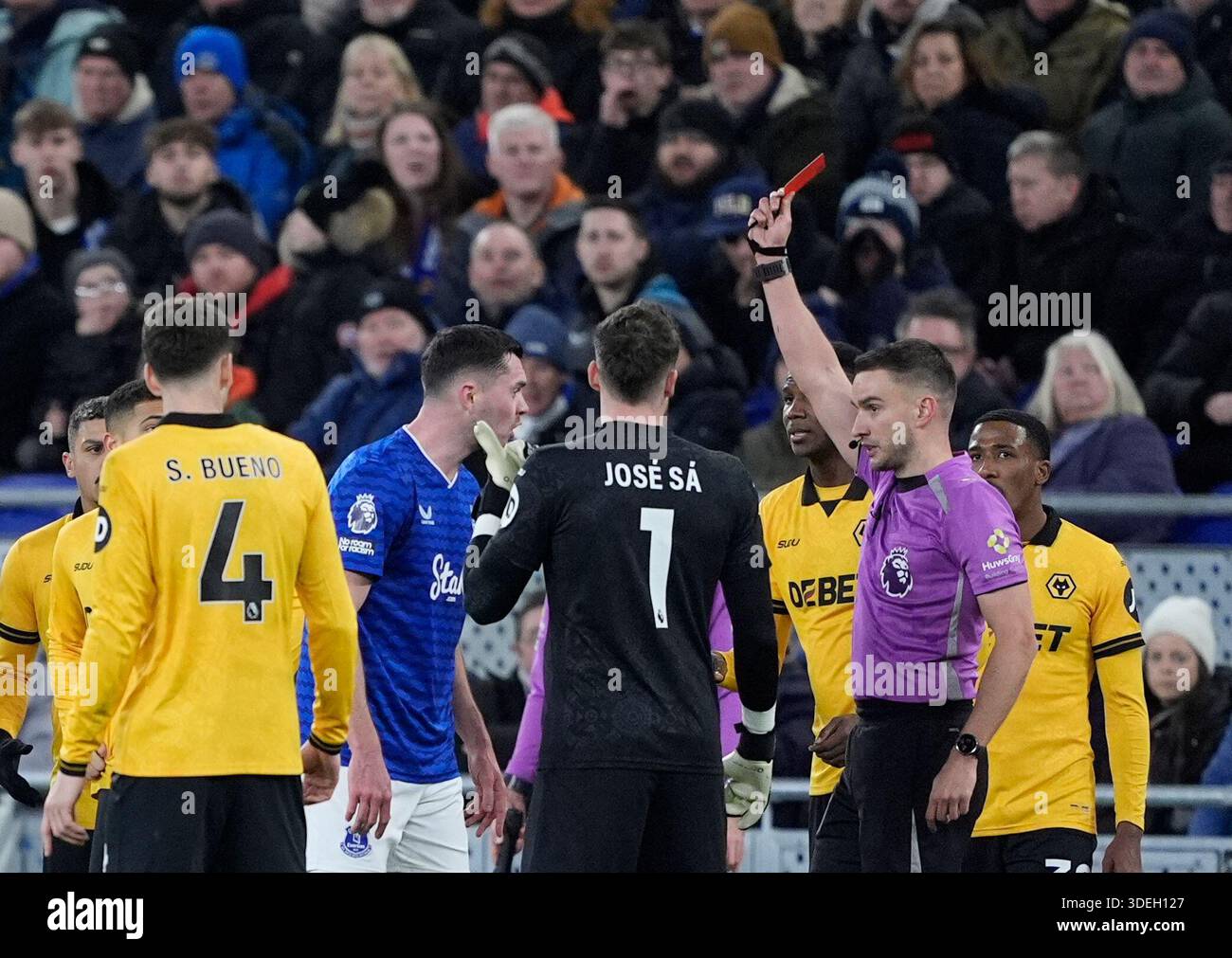 Everton's Michael Keane is sent off during the Premier League match at ...