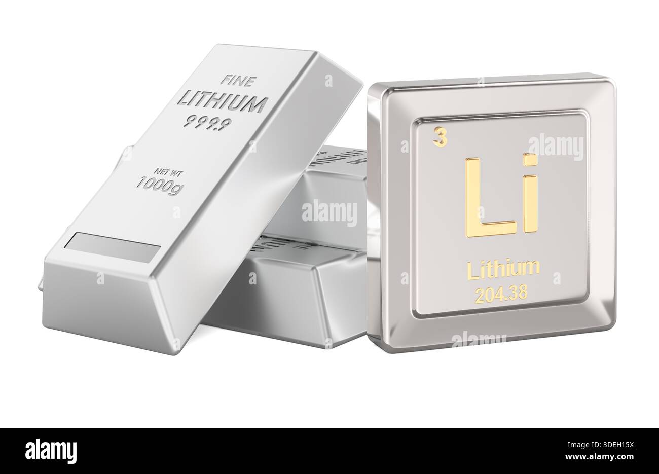 Lithium ingots and Li chemical element symbol. 3D rendering isolated on ...
