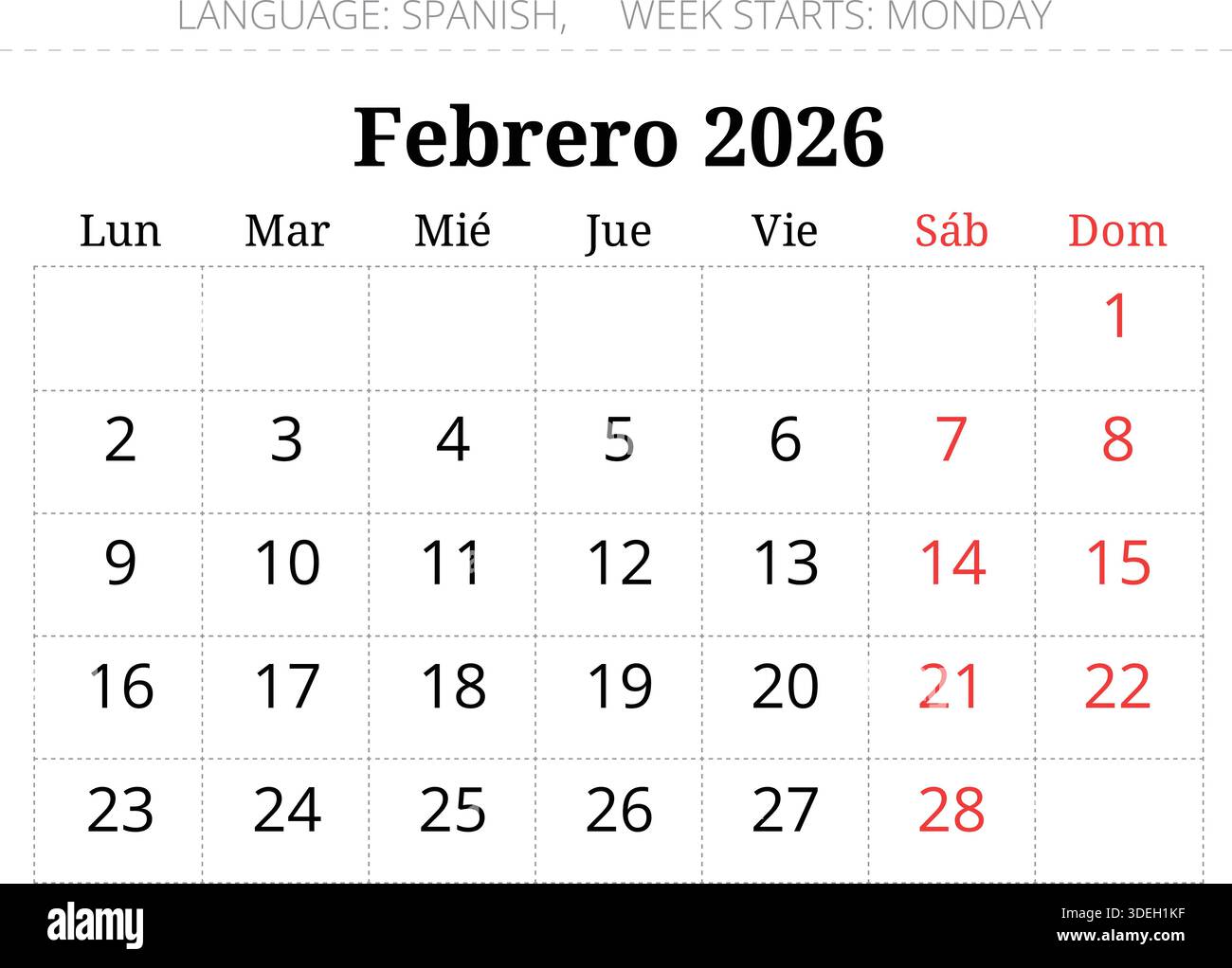 February 2026 Spanish calendar month planner - Febrero. Monthly vector ...