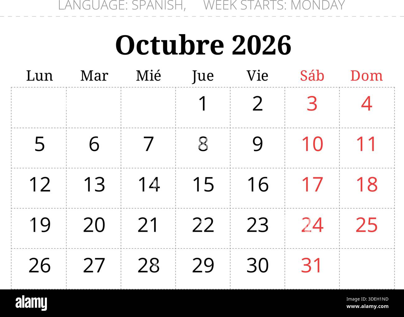 October 2026 Spanish calendar month planner - Octubre. Monthly vector ...
