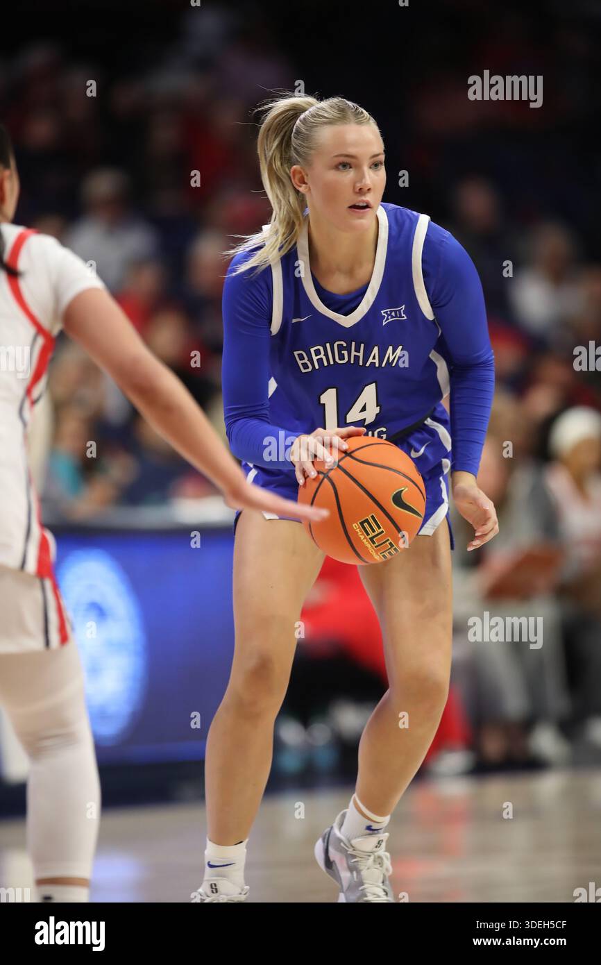 TUCSON, AZ - JANUARY 06: BYU Cougars guard Kambree Barber (14) controls ...