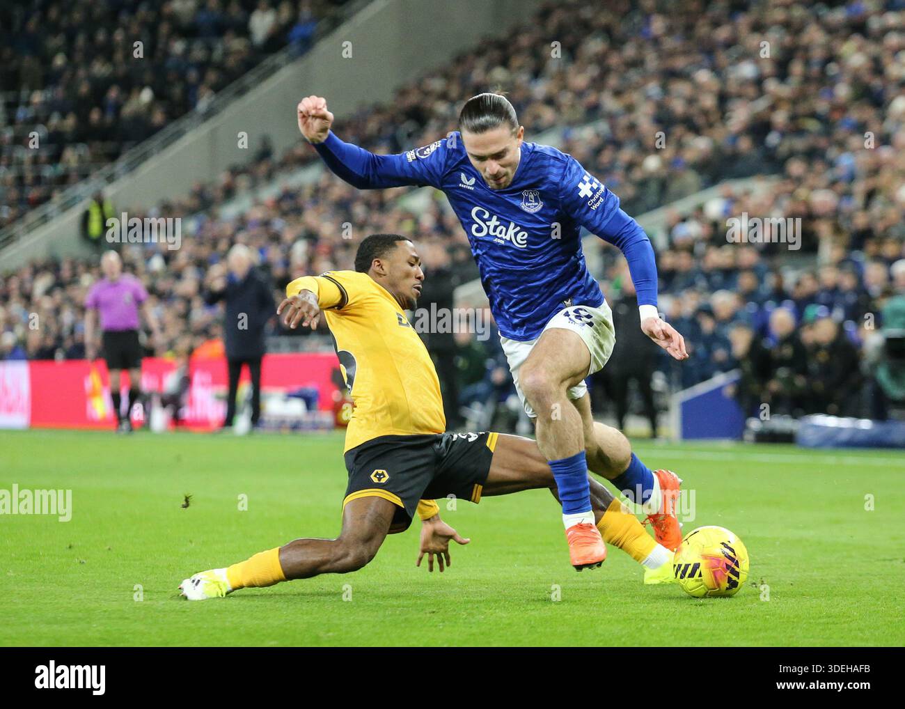 Jack Grealish of Everton is tackled by Jackson Tchatchoua of ...